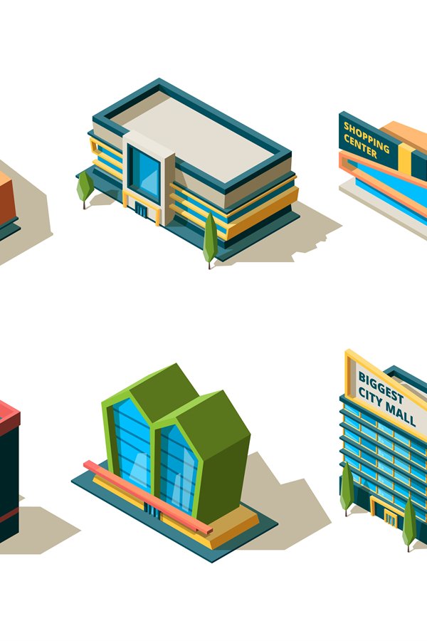 Mall isometric. Big modern buildings of shopping center diff