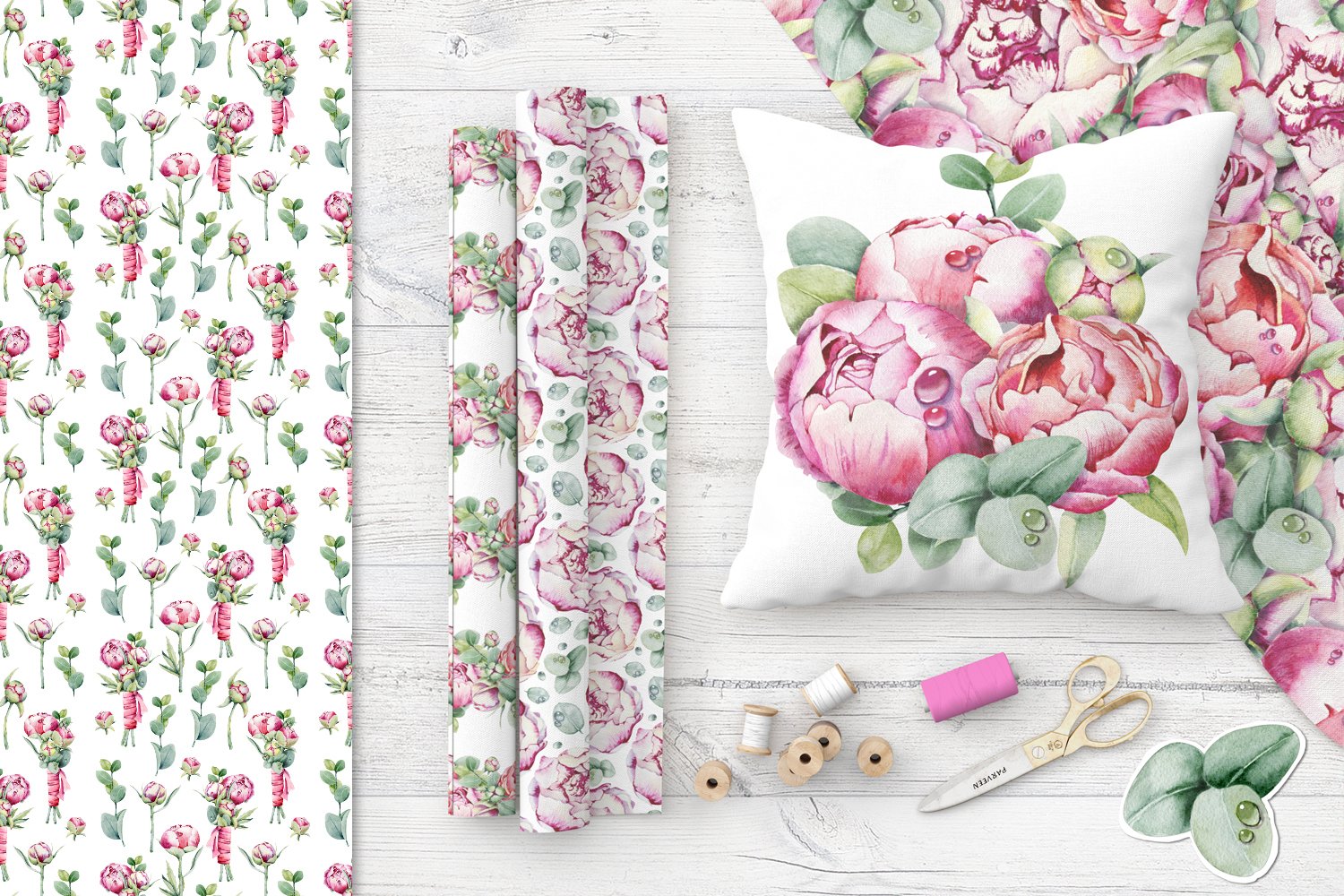 Digital paper, peonies, seamless patterns, watercolor flower