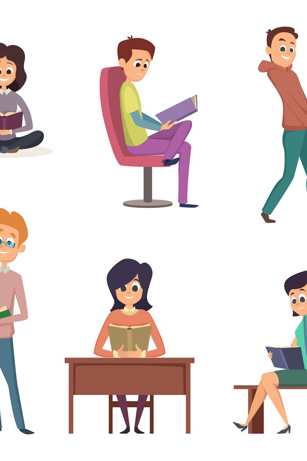 Different gadgets for reading. Characters reading books