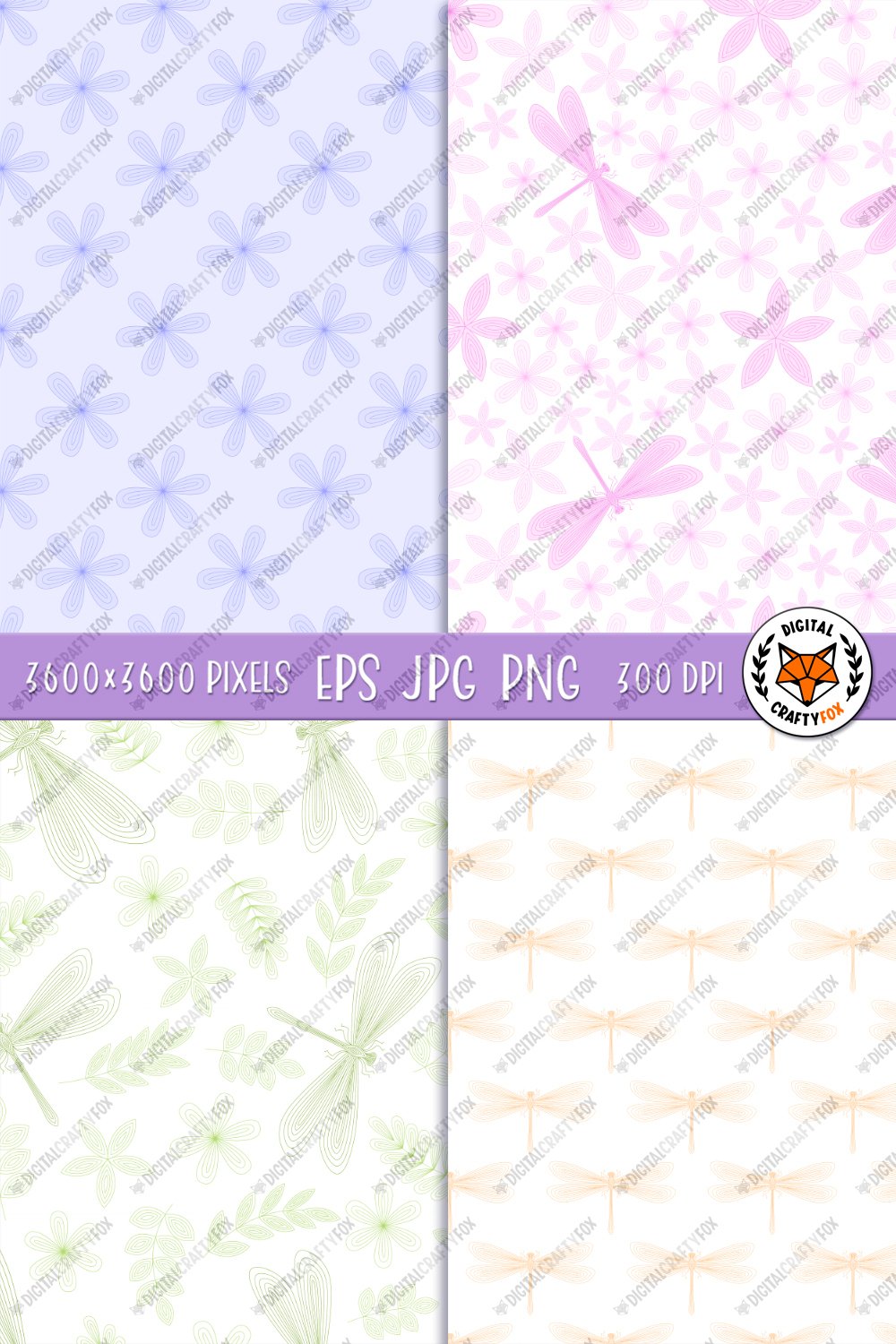 Dragonfly Seamless Pattern, Dragonfly Floral Digital Paper
