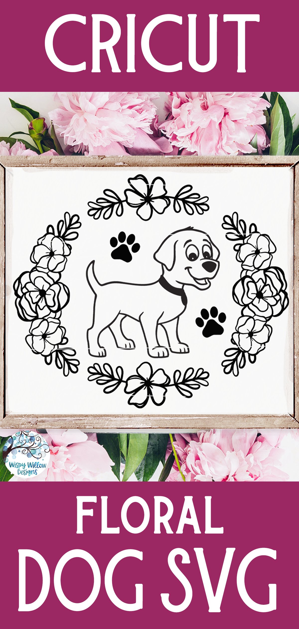 Cute Dog with Oval Flower Frame SVG