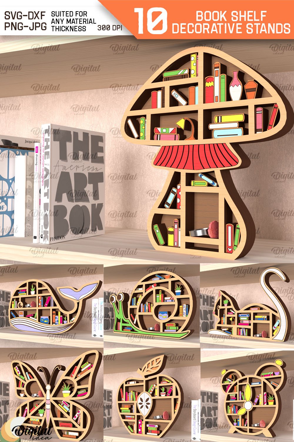 Book Shelf Decorative Stands LaserCut Bundle. Home Decor SVG