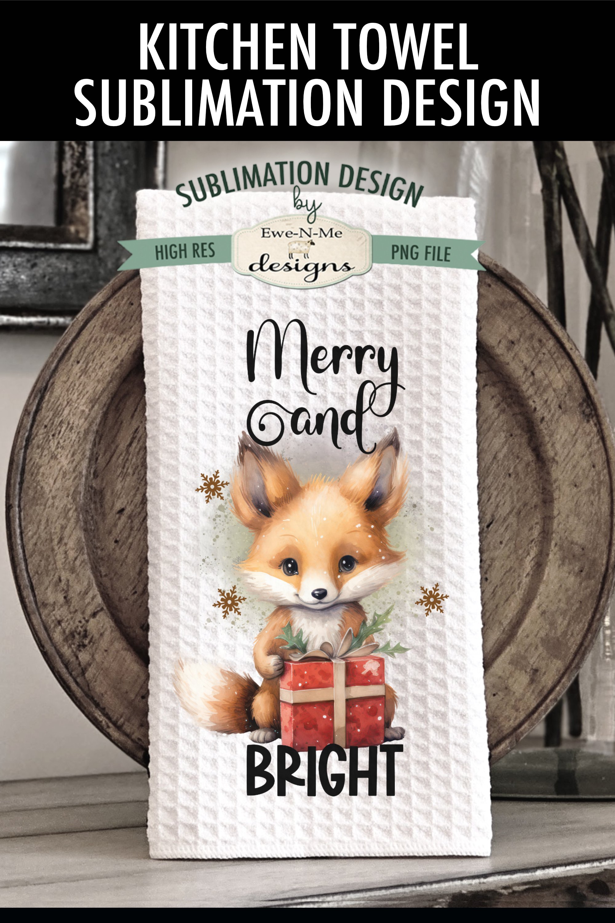 Merry and Bright Fox | Kitchen Towel Sublimation Design