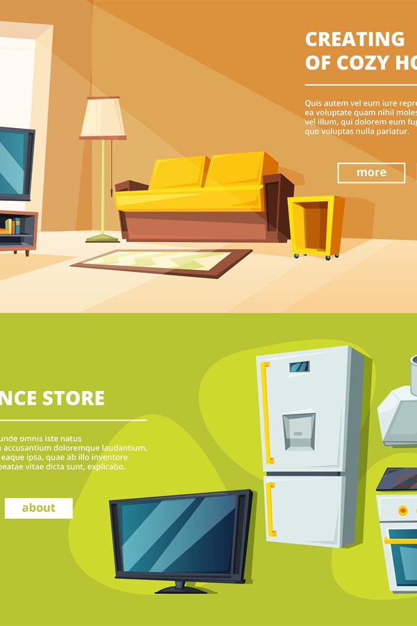Cartoon banners with illustrations of various furniture for