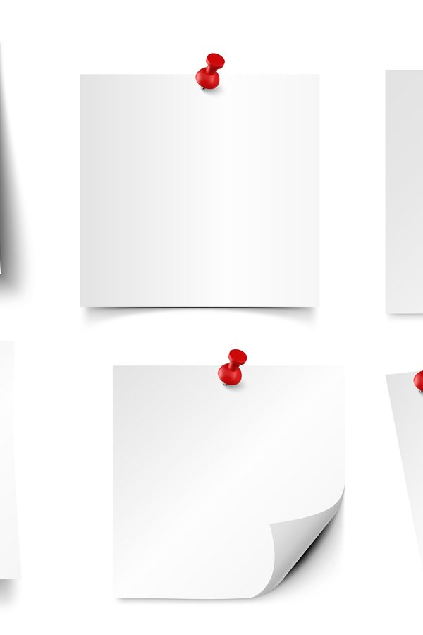 Pinned paper notes. Sticker papers, note on pin and notes