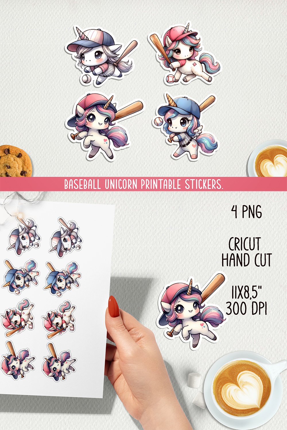 Baseball unicorn printable stickers. PNG, JPG.