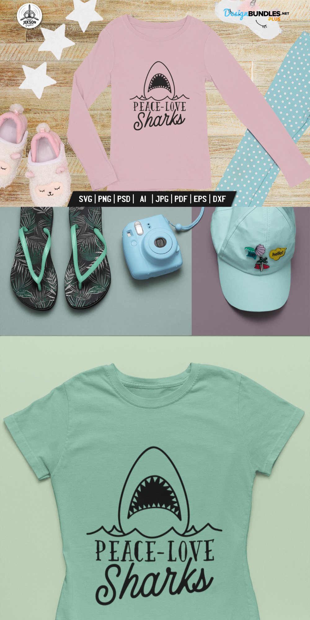 Peace Love Sharks SVG Cut File | Summer Tshirt Quote PNG
