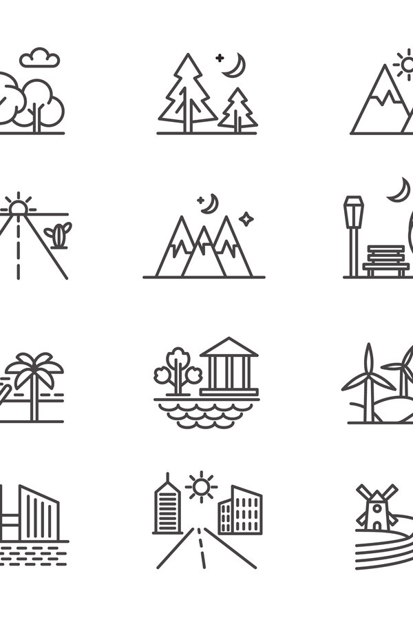 Nature line art landscapes with tree forest, desert, valley,