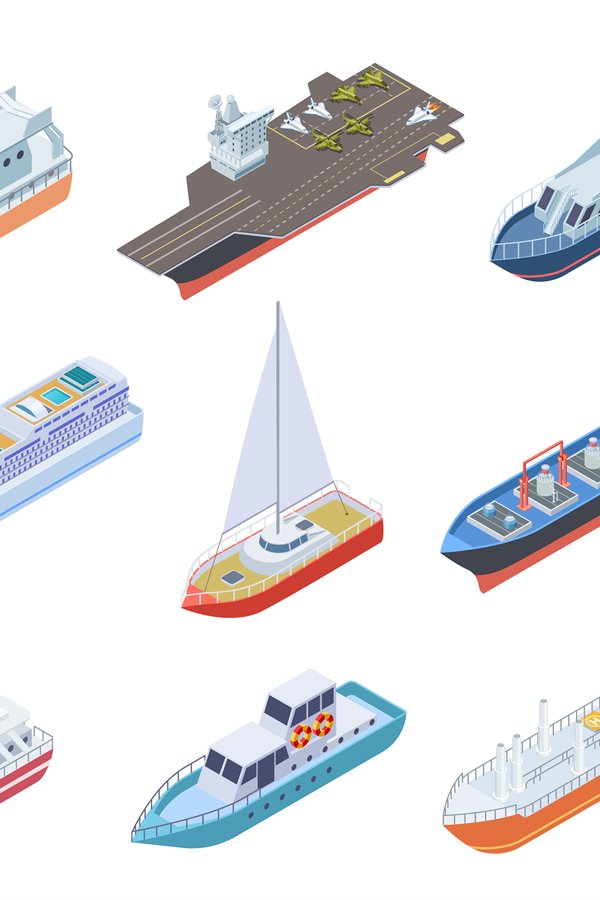 Isometric ships. Vessels shipping nautical boats barge ship