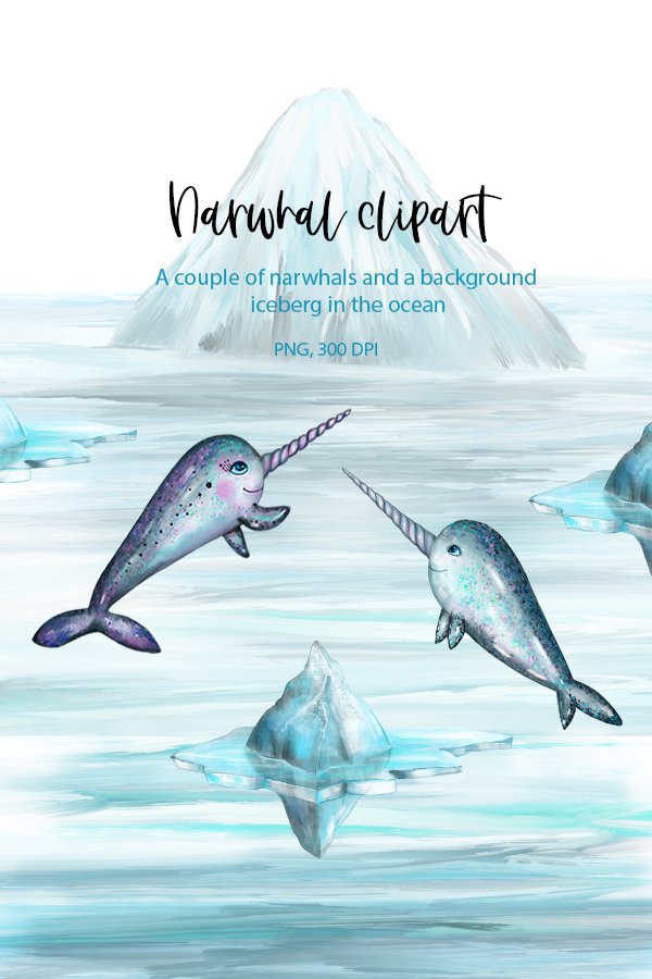Narwhal clipart. Marine animals in the ocean