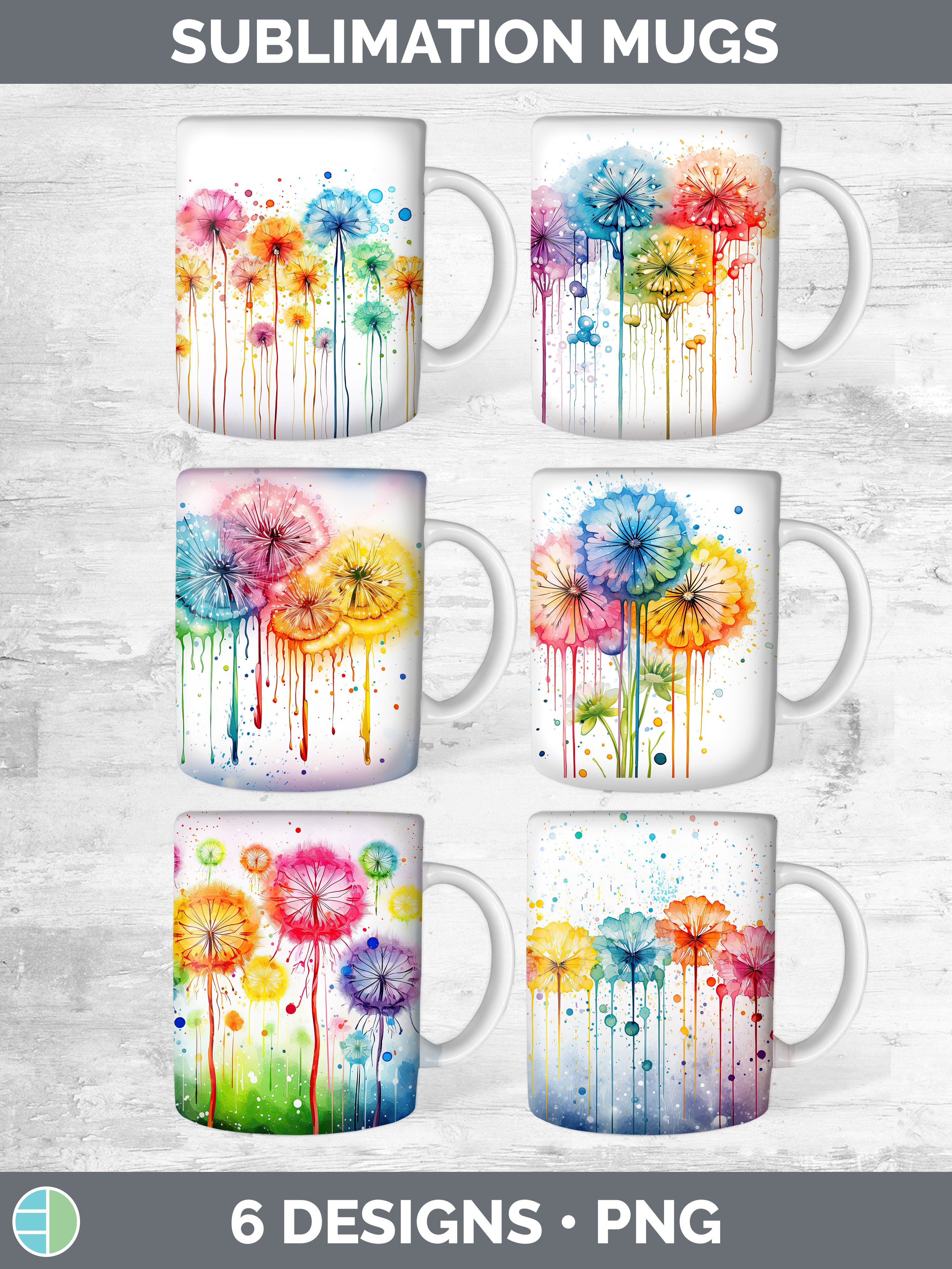 Splat Rainbow Dandelion Flowers Mug Wrap | Bundle Coffee Cup