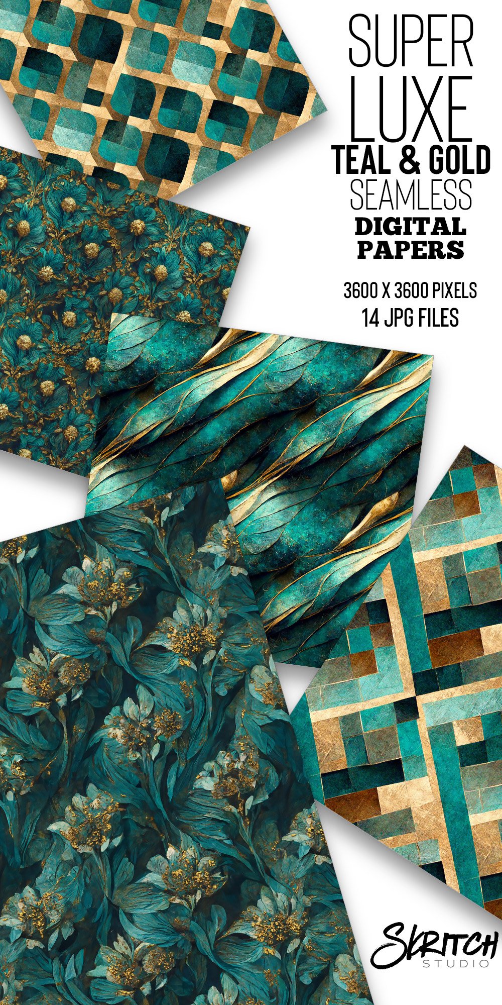 Luxe Teal and Gold Seamless Digital Background Patterns