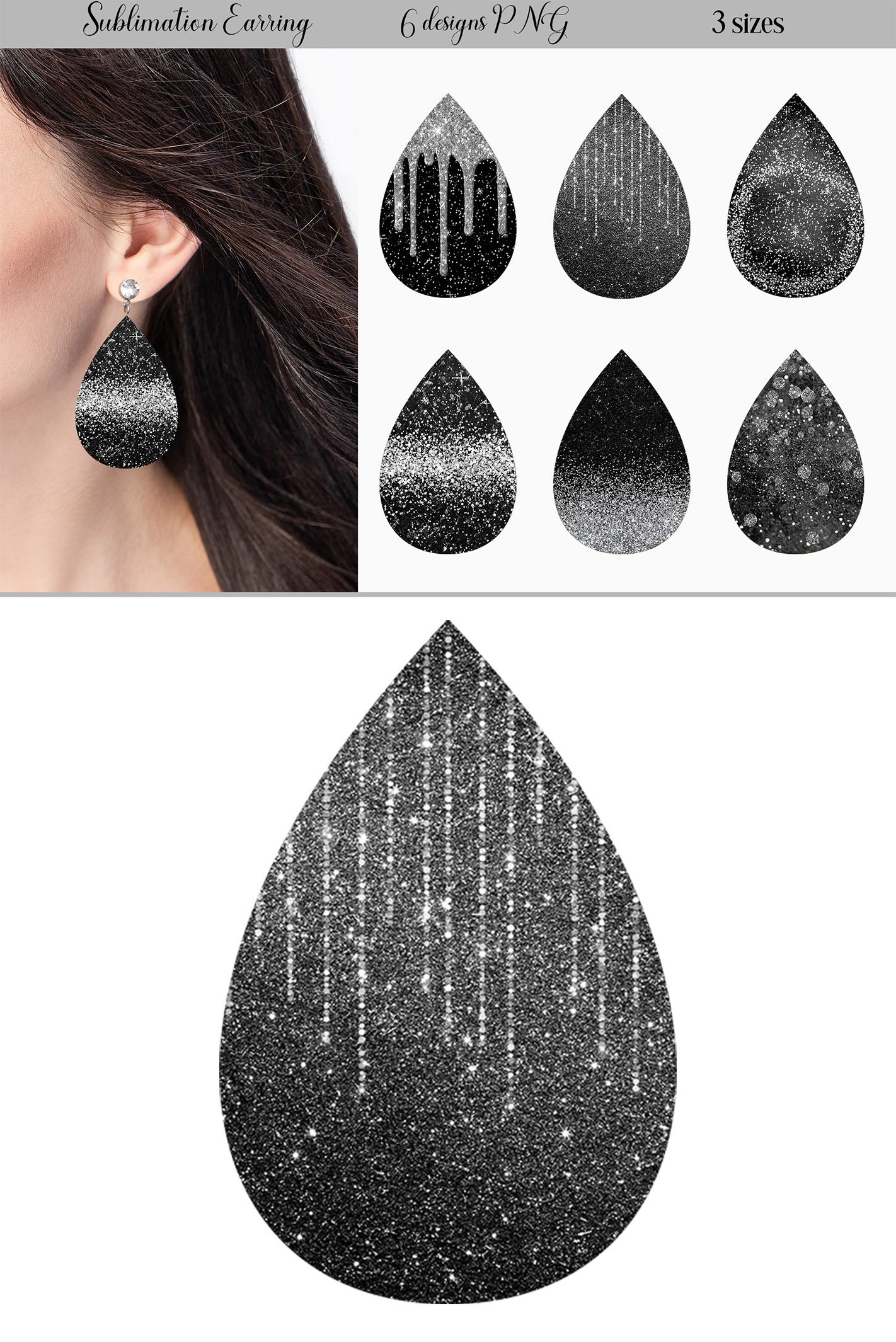 Black Teardrop Earrings PNG| Black Glitter Earrings