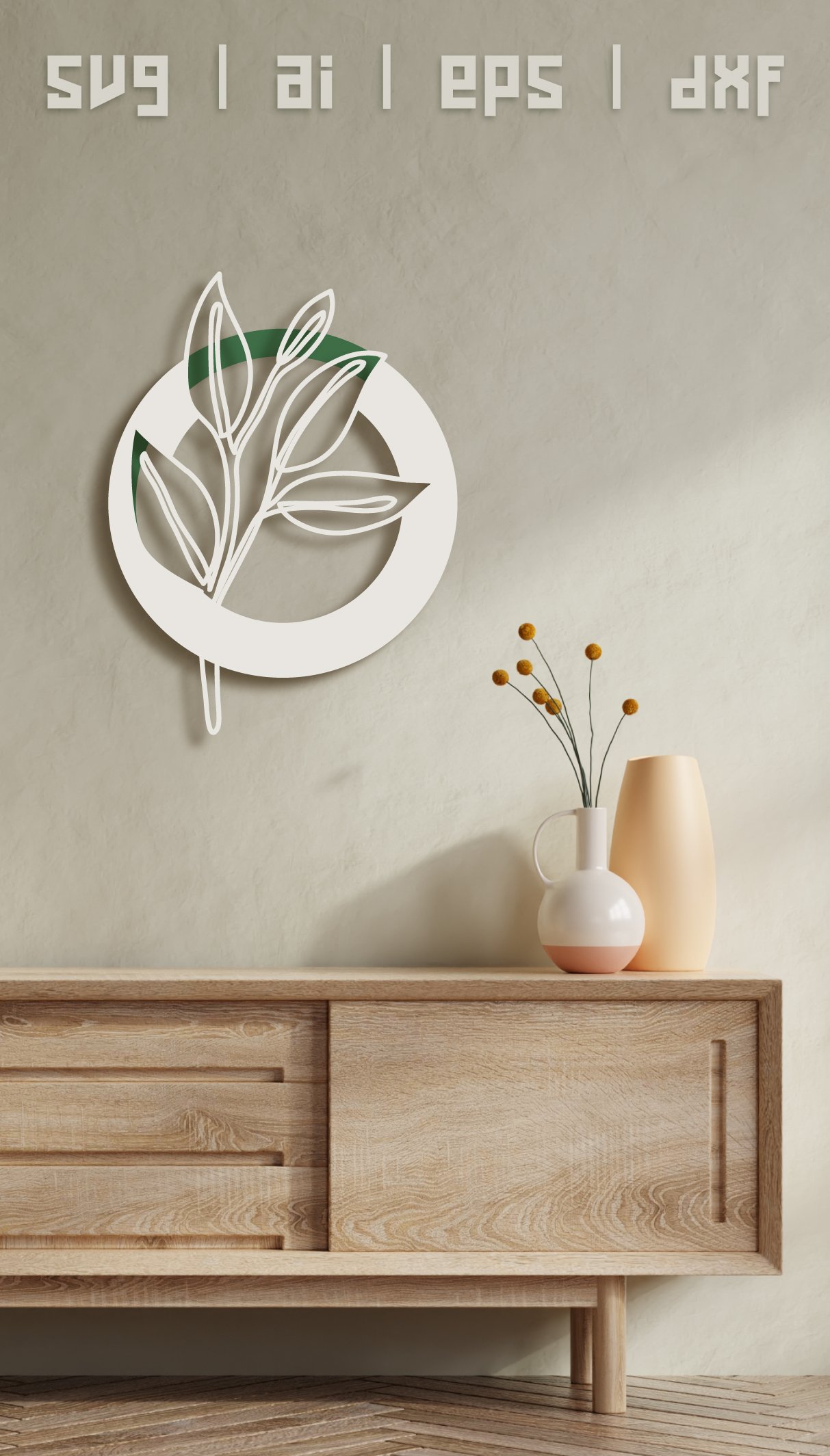 3D Leaves Line Art - SVG Wall Decor Foliage Circle