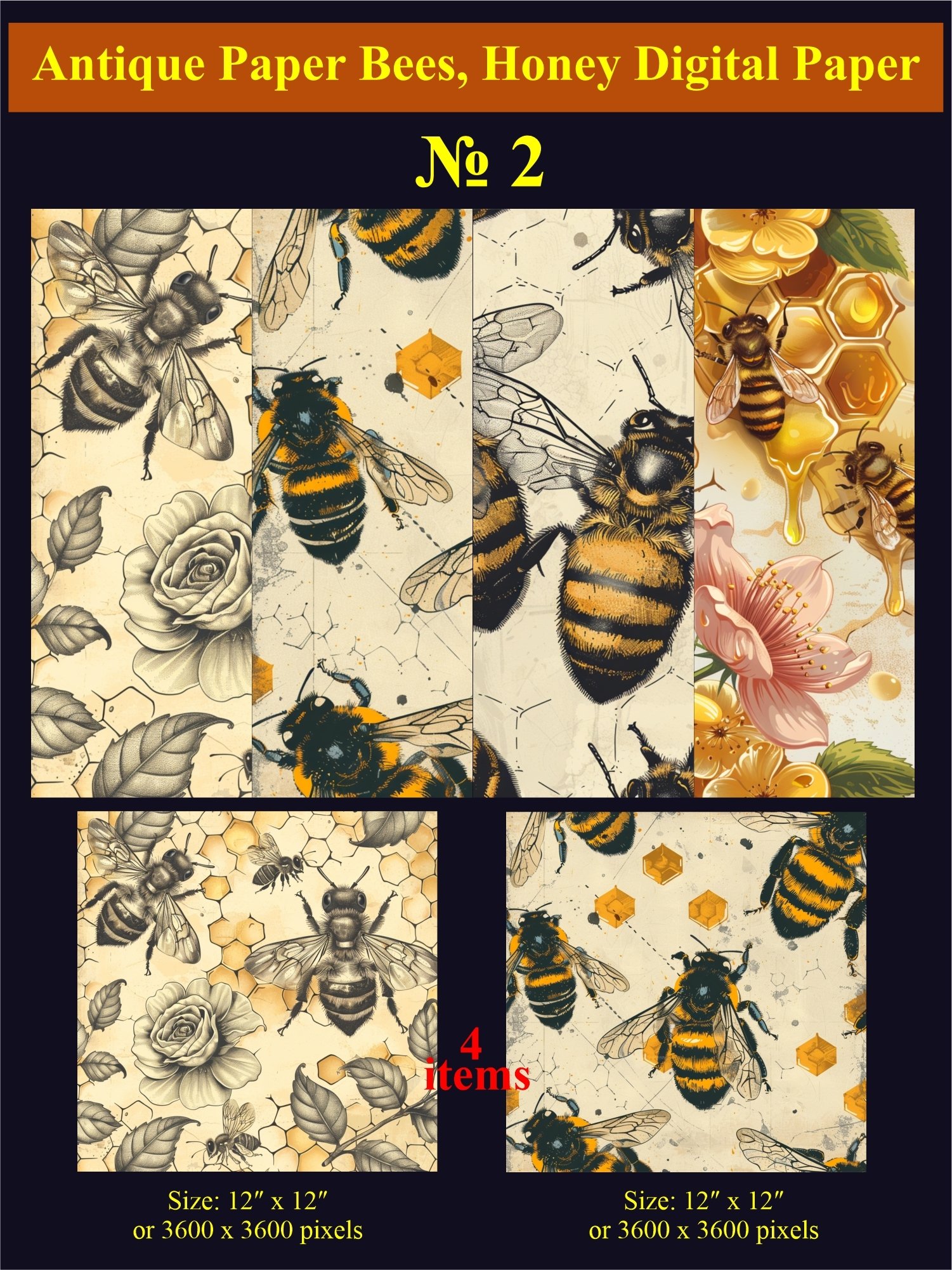 Bees Honey Drops Digital Paper Retro Scrapbook Paper