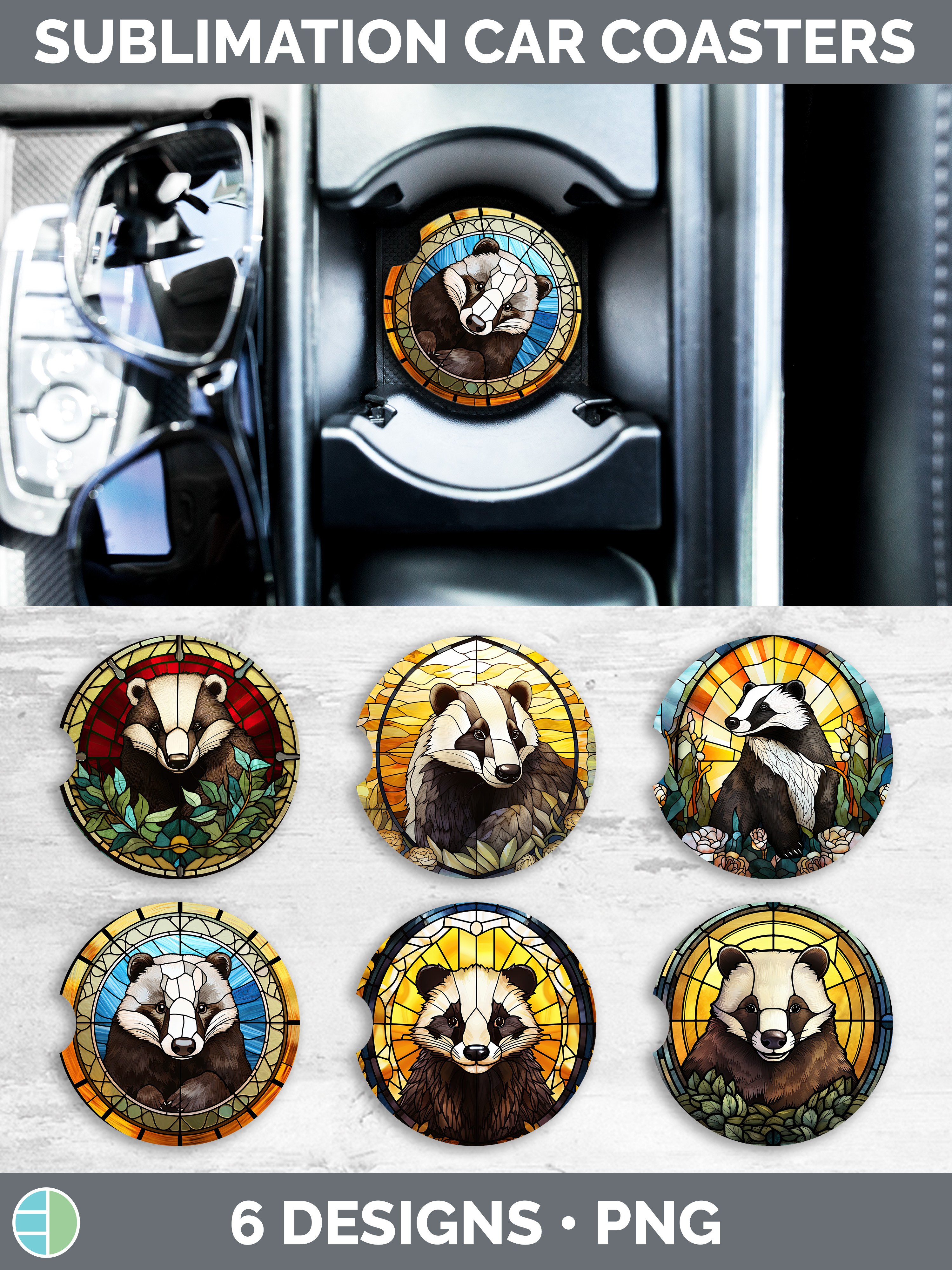 Stained Glass Badger Car Coaster | Sublimation Coaster Desig