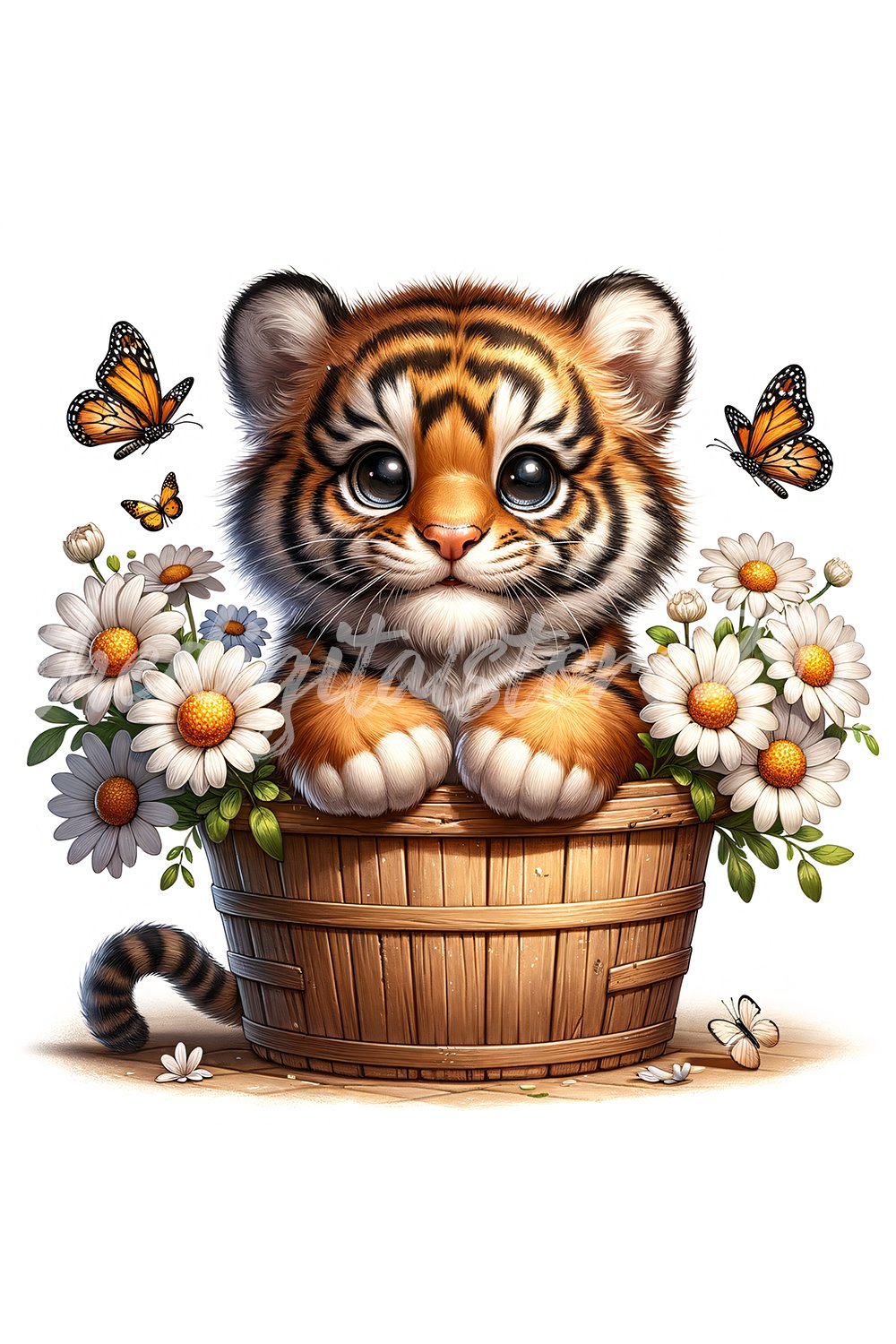 Cute Tiger with Daisy Florals JPG Design (3557433)