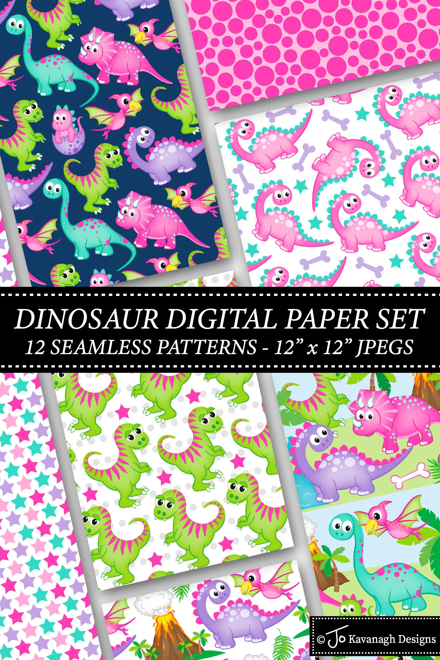 Dinosaur digital papers, Girl Dinosaur Patterns P50