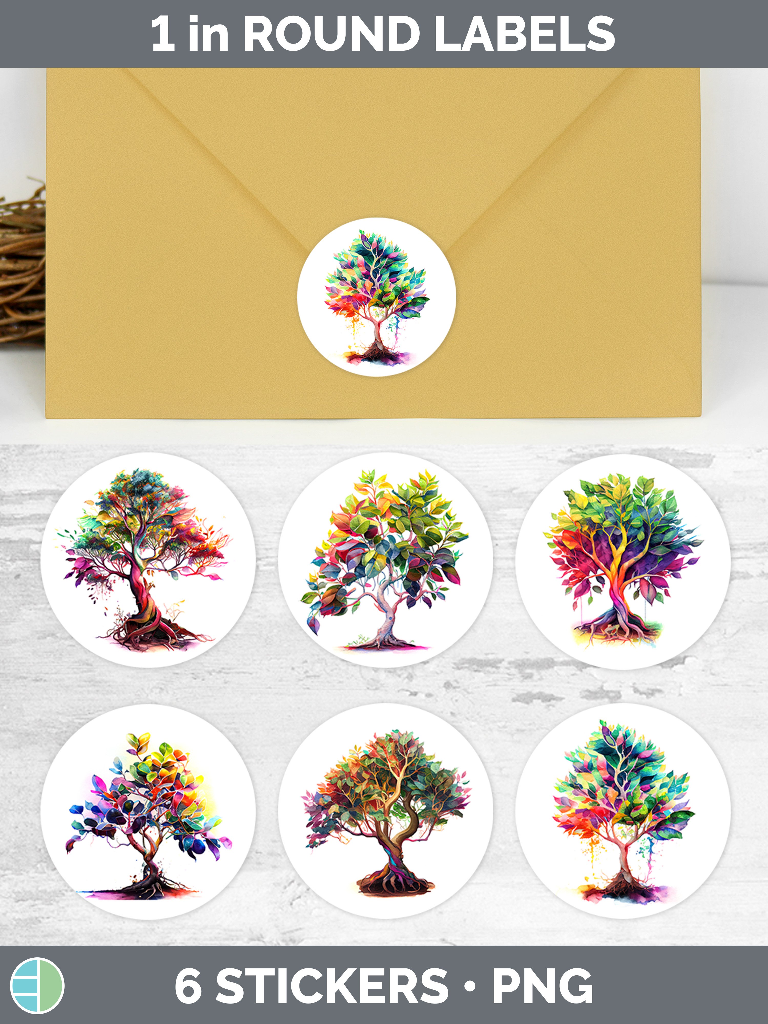 Rainbow Ficus Trees Stickers | Round Labels Designs Bundle