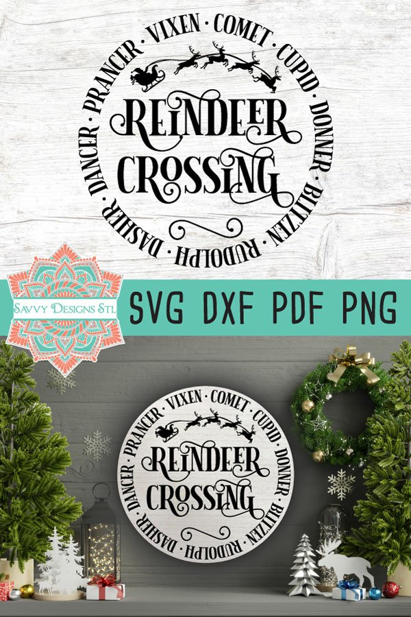 Reindeer Crossing Christmas Round Sign Cut File