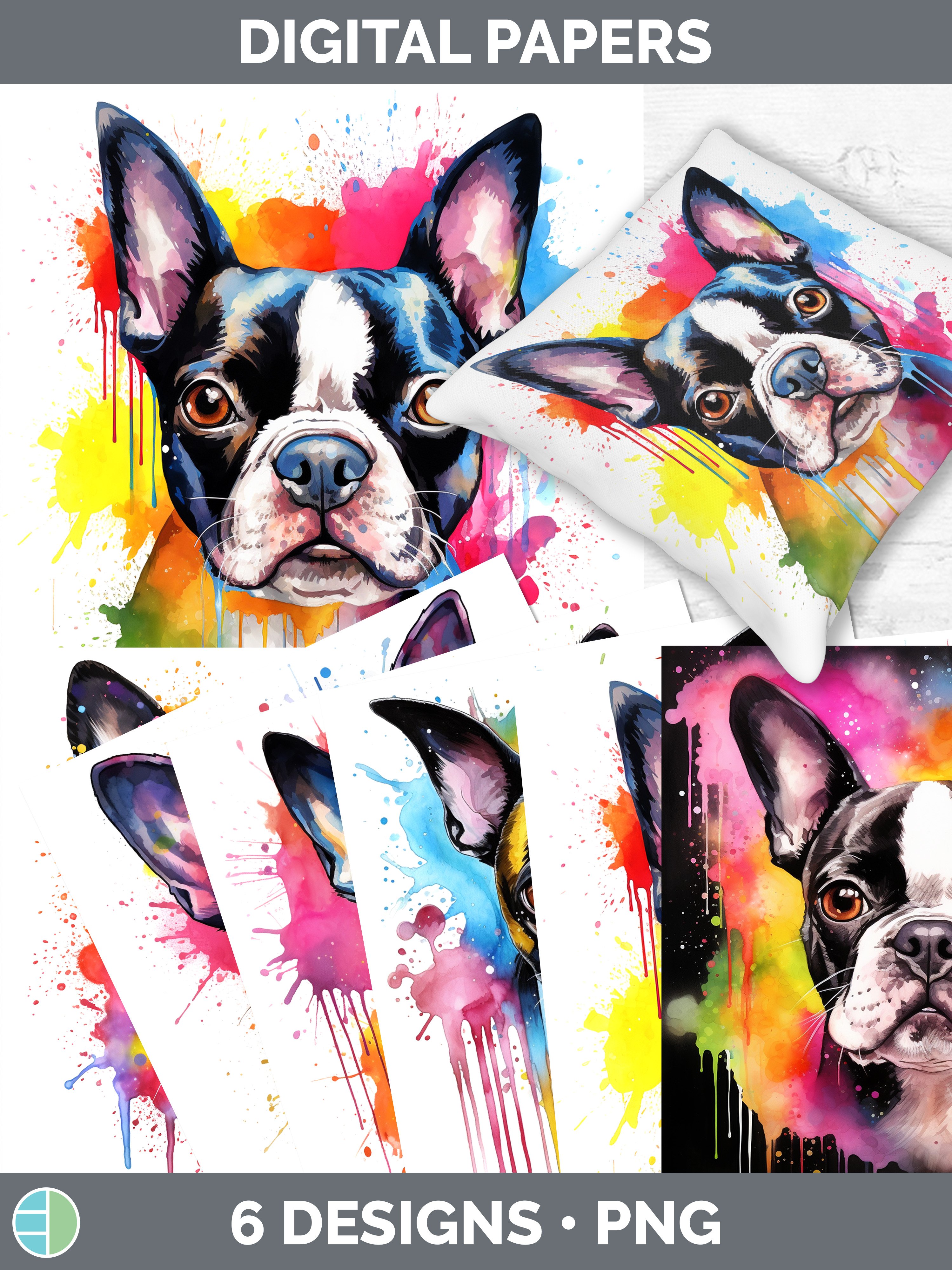 Splat Rainbow Boston Terrier Dog Paper Backgrounds | Digital