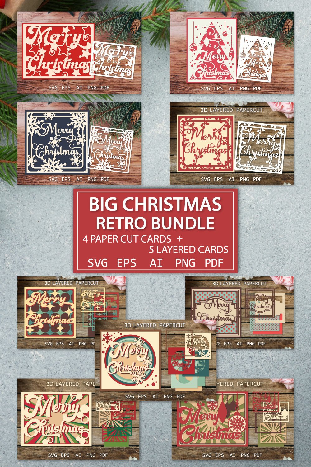 Christmas Paper Cut Cards Bundle, Retro SVG Paper cutting
