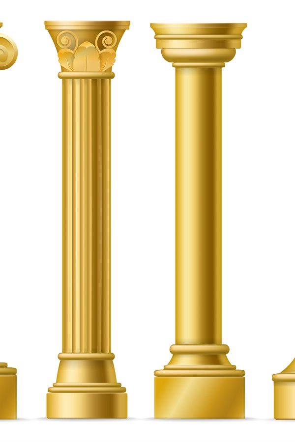 Golden columns. Classic antique gold pillars, roman historic