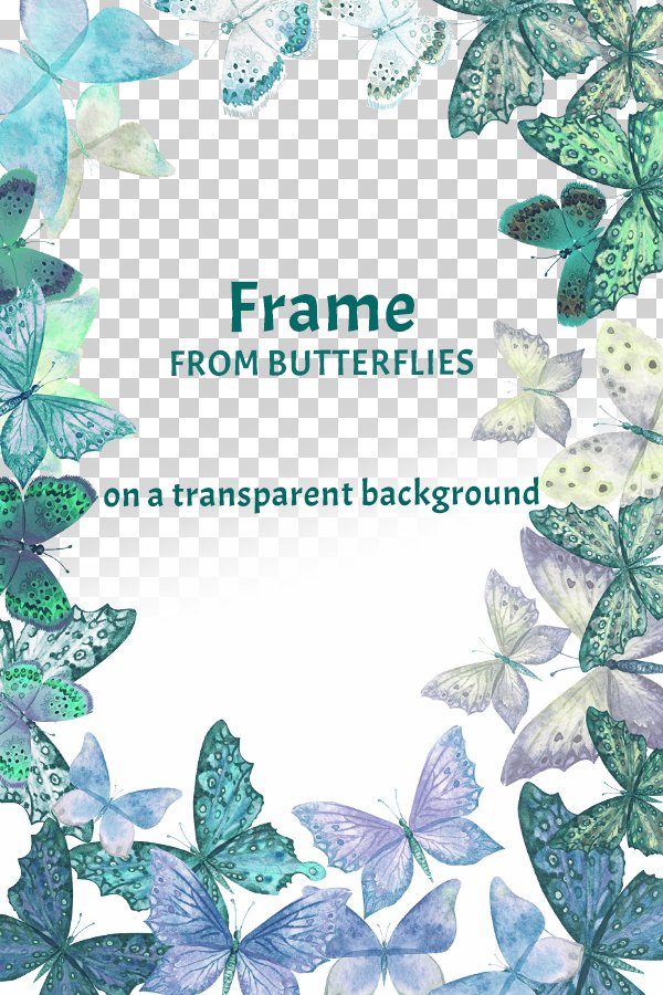Magic green frame from watercolor butterflies