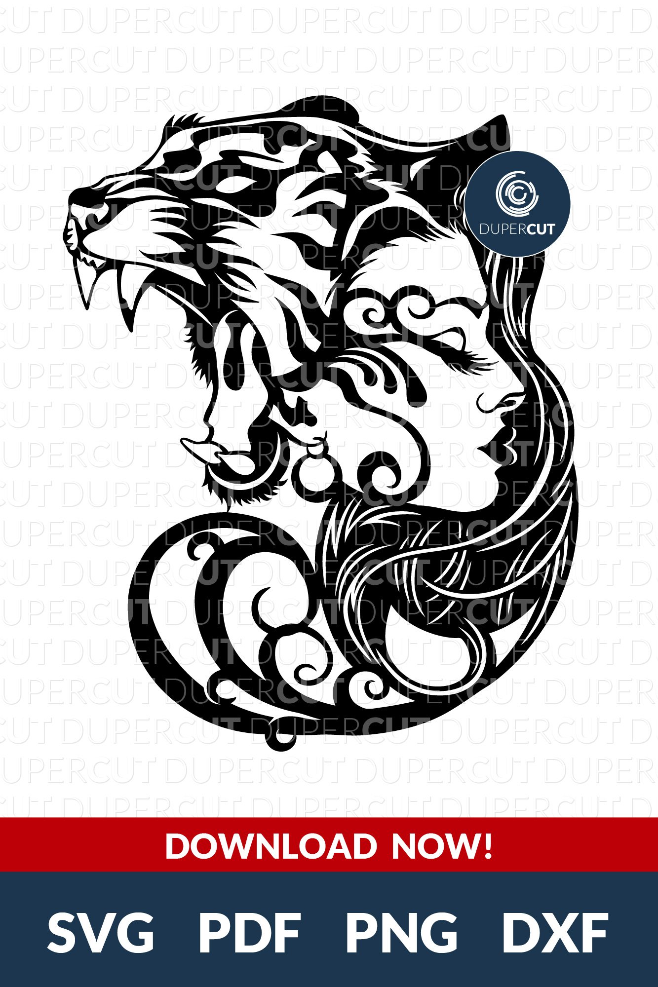 SVG / PDF / DXF Woman with Tiger Headdress, Cutting Files