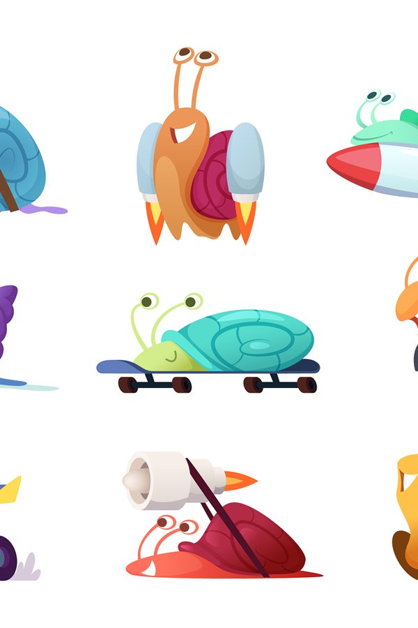 Fast cartoon snails. Business concept characters of competit