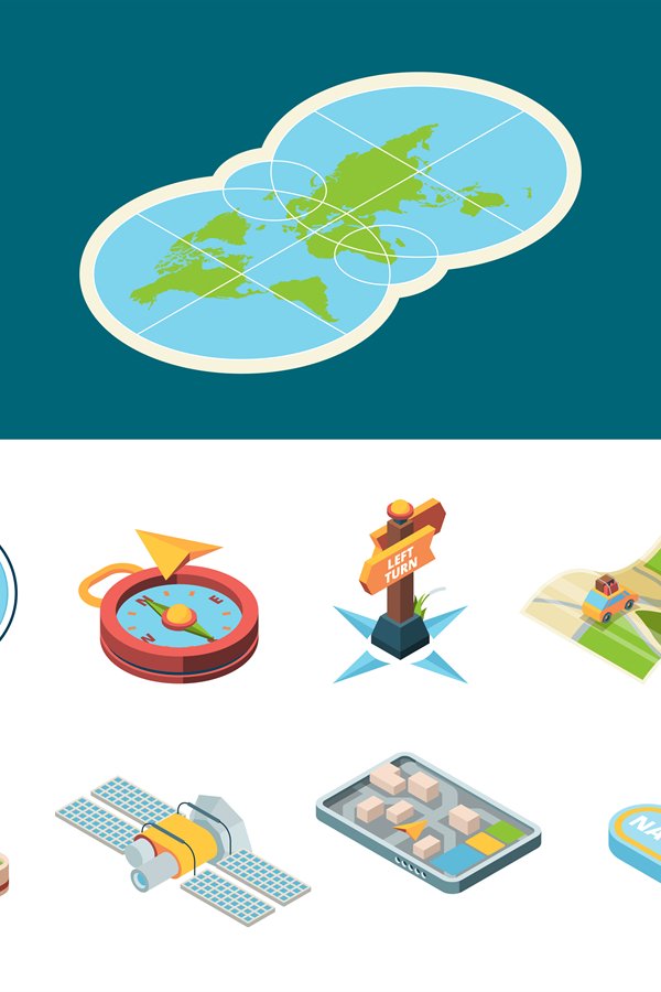 Navigation isometric icon. Map road smart navigator and sign