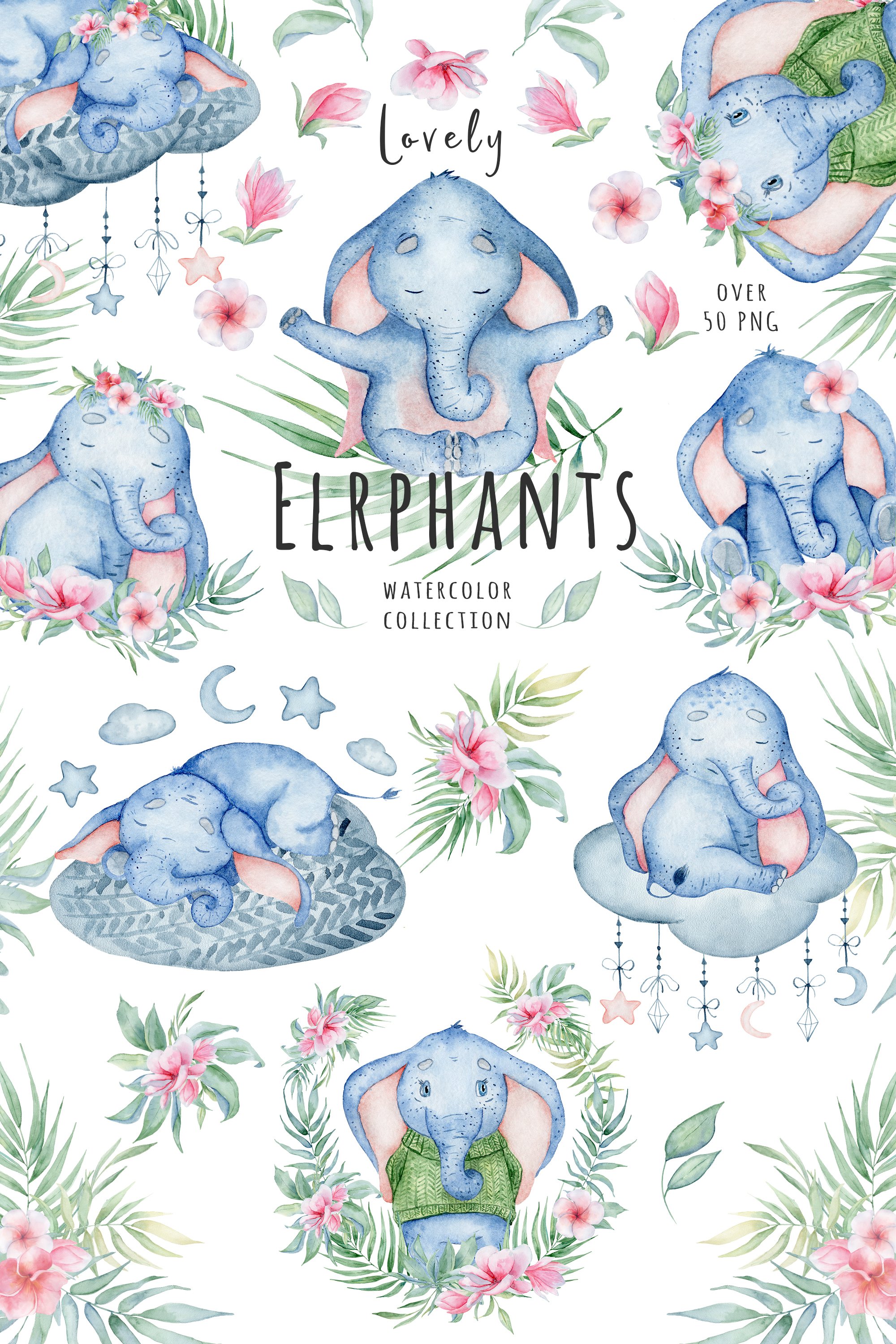 Lovely Elephants Watercolor set animals clipart