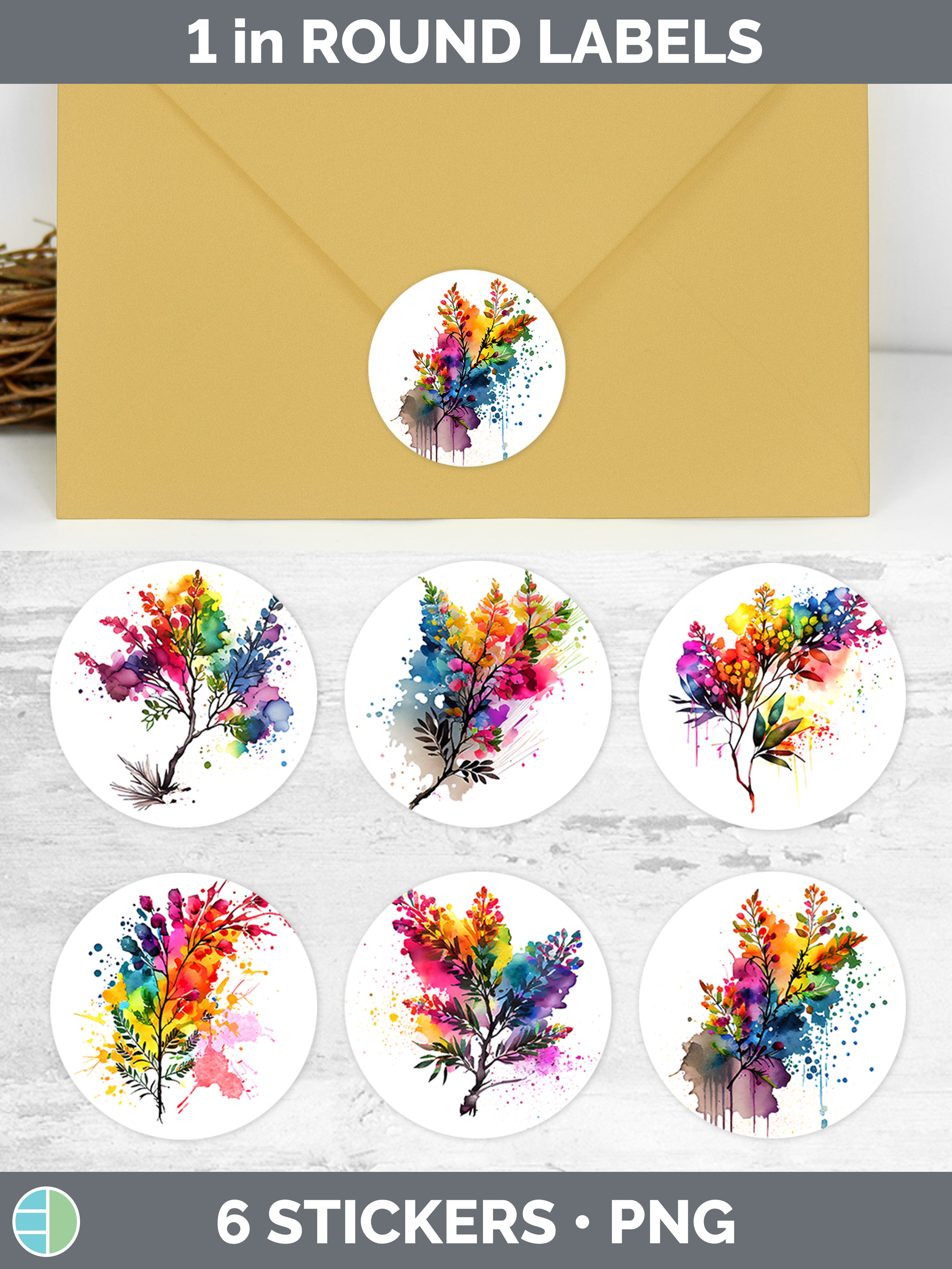 Rainbow Acacia Flowers Stickers | Round Labels Designs Bundl