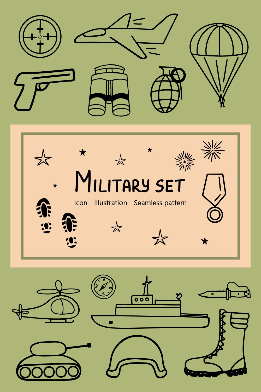 Military icon set in doodle style