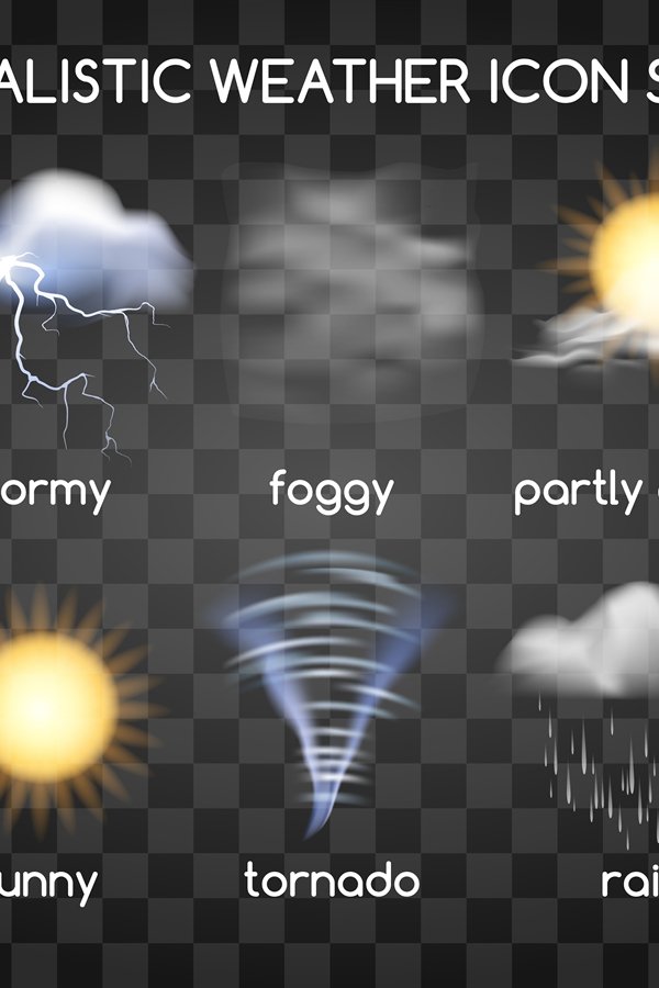 Realistic weather icons on transparent
