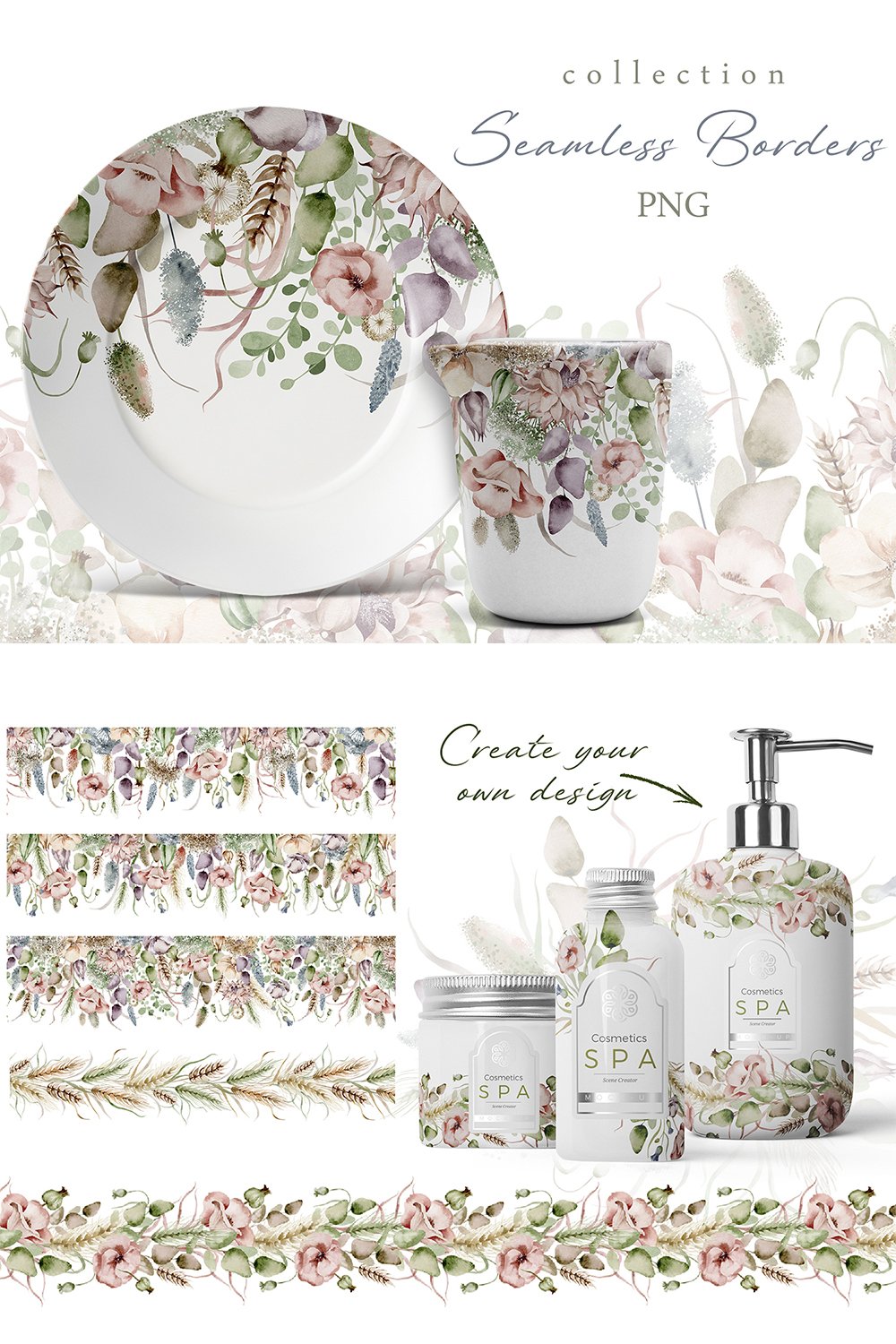 Watercolor Wildflower Seamless Borders