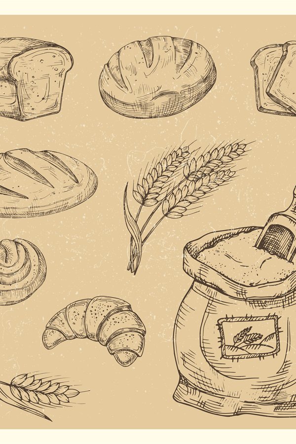 Hand drawn bread, rolls, croissant, meal vector set