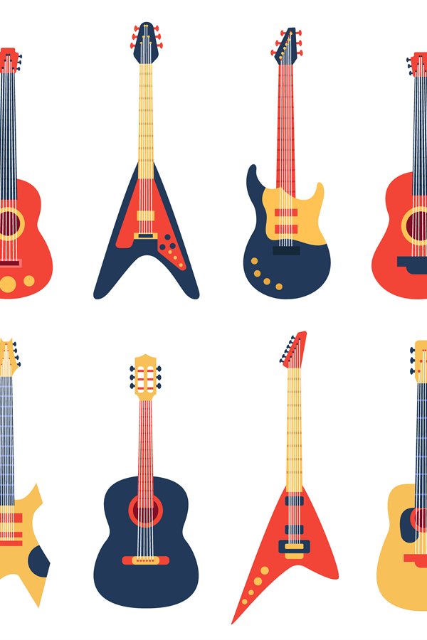 Musical guitar. Acoustic, electric rock and jazz guitars