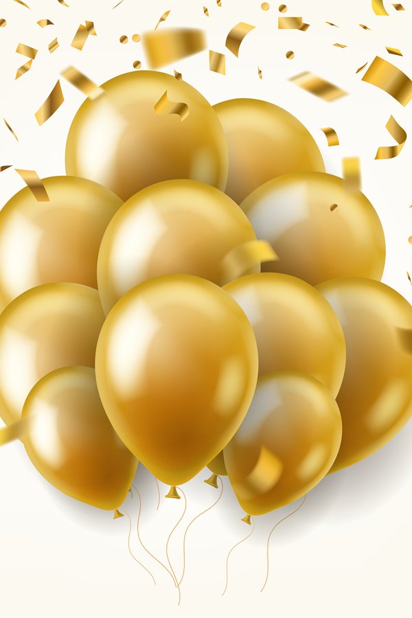 Golden balloons with falling gold ribbons. Realistic shiny f