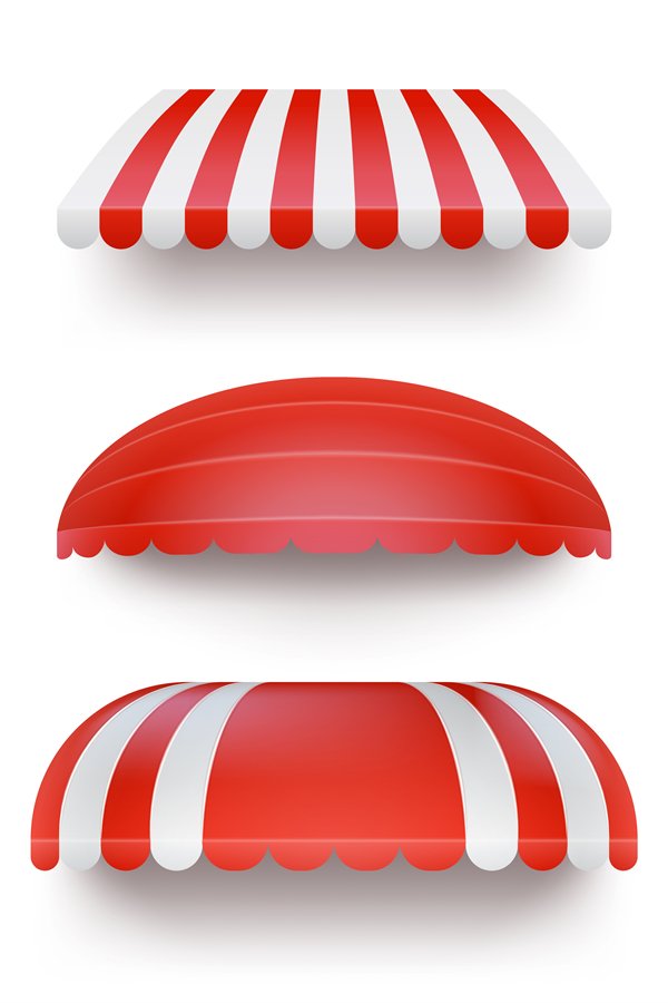 Realistic striped store sunshade awning, shop canopy. Red an
