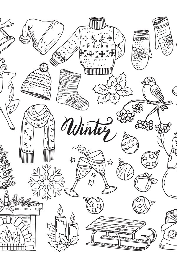 Set of different winters elements. Vector illustrations of h