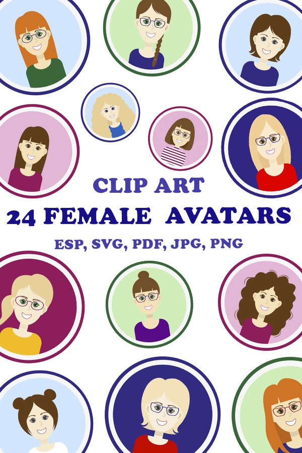 Female avatars. Faces clip art. Girls portraits collection.