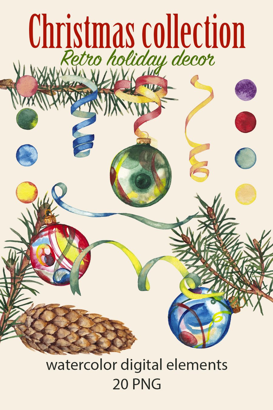 Christmas clipart 80's Watercolor individual elements PNG