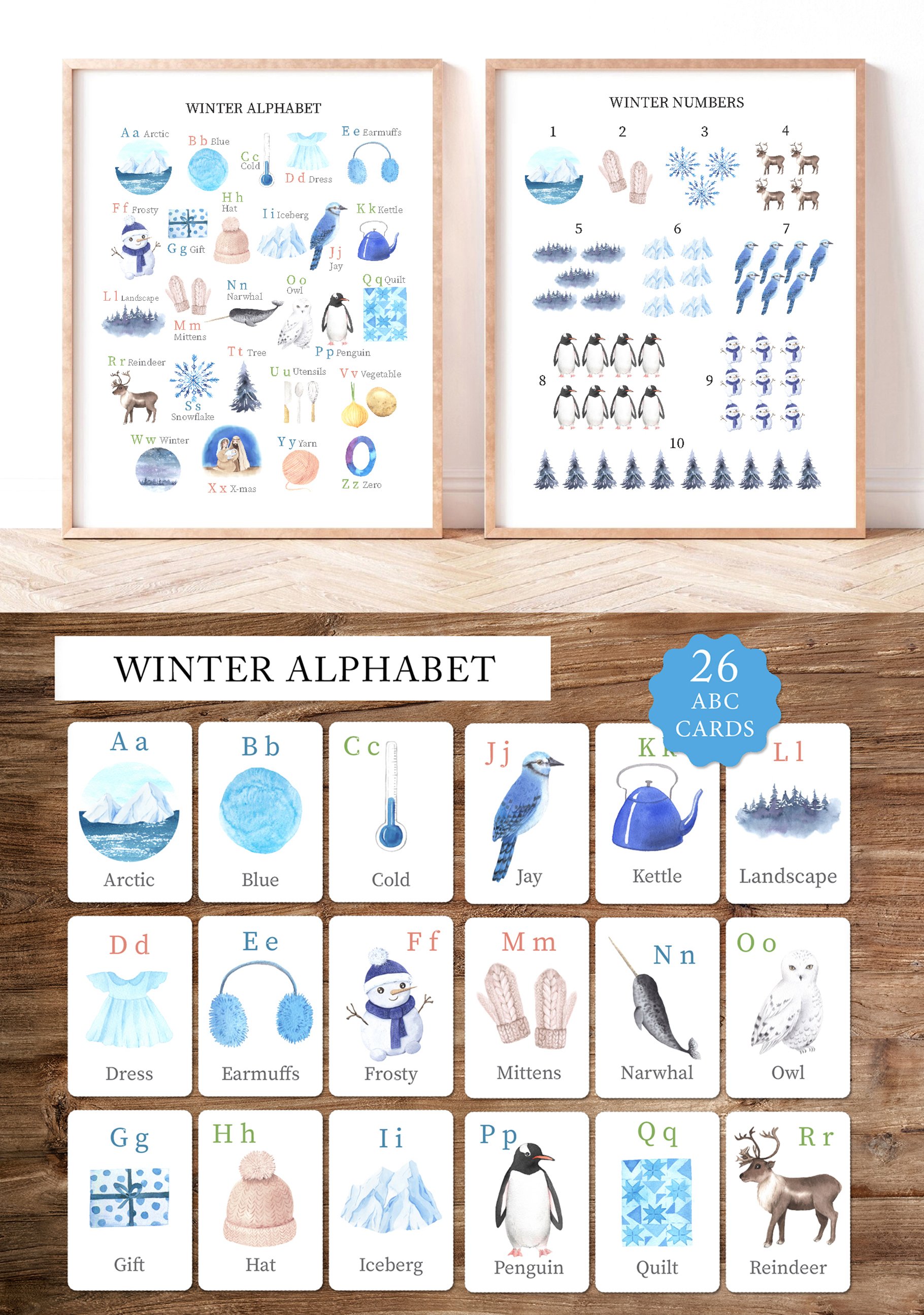 Winter Alphabet, 123 Poster, Flashcards Printable