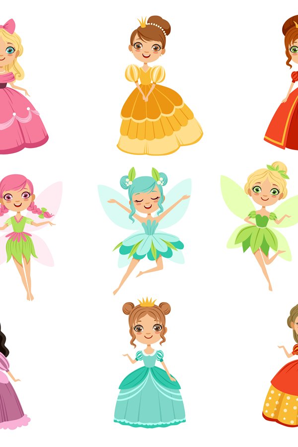 Cartoon funny fantasy princesses in different dresses and co