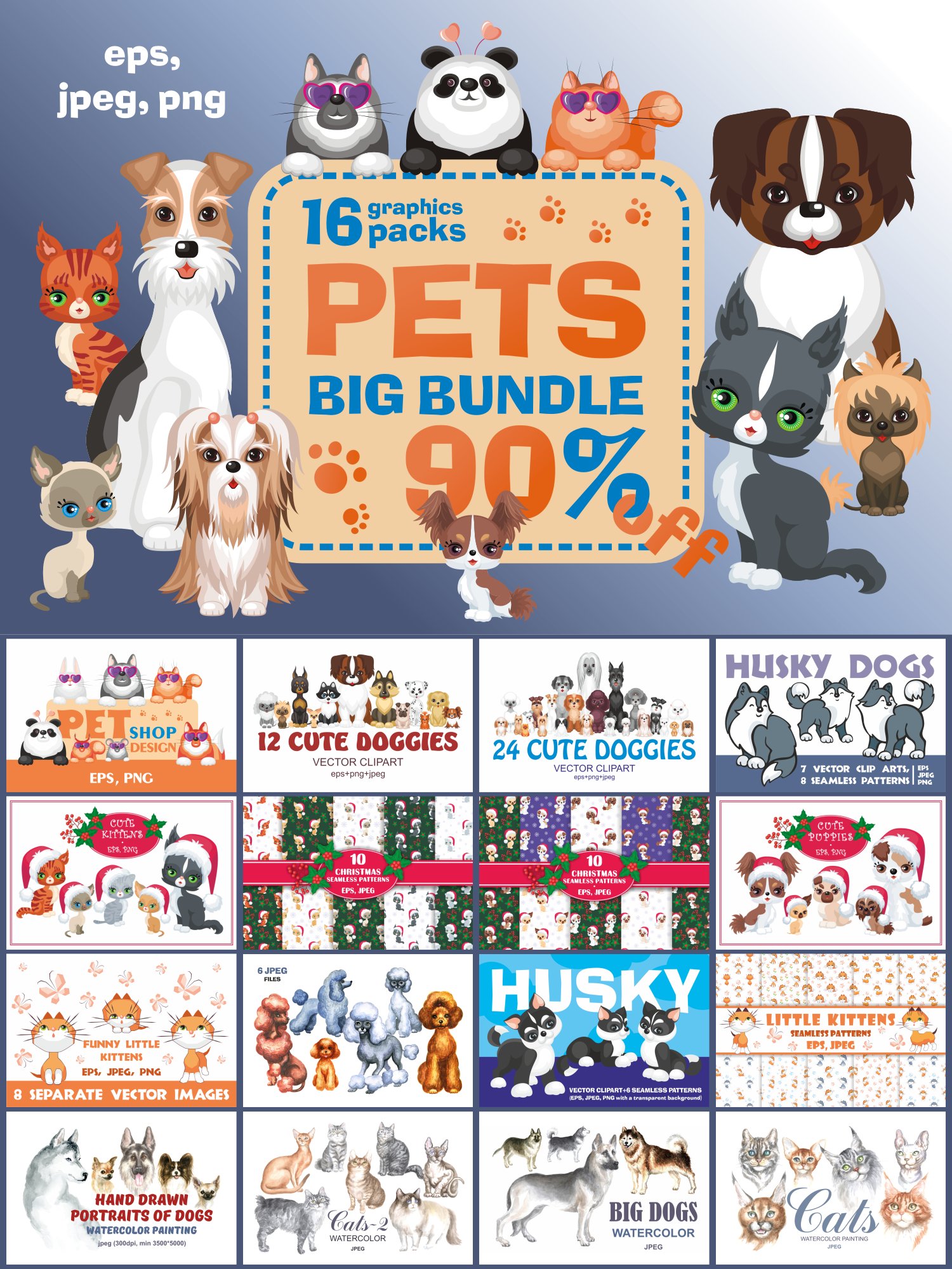 Pets Bundle. Cliparts and seamless patterns (274314)