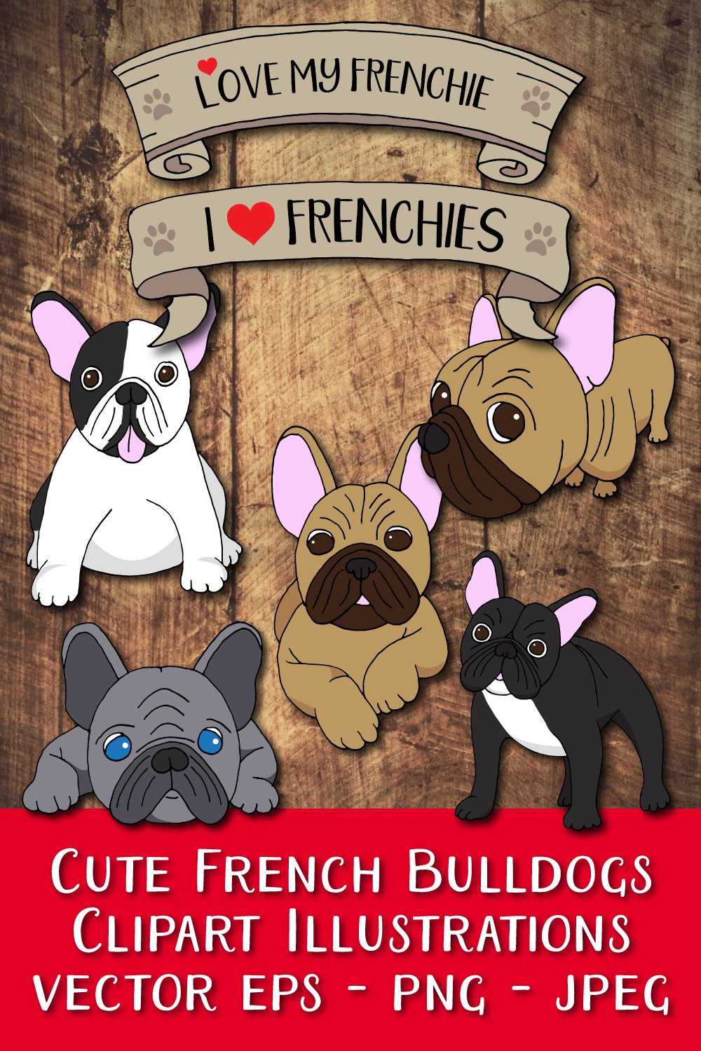 Cute French Bulldogs Frenchie Clipart Graphic Illustrations