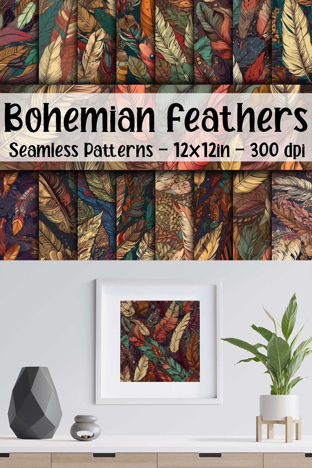 Seamless Bohemian Feathers Digital Paper