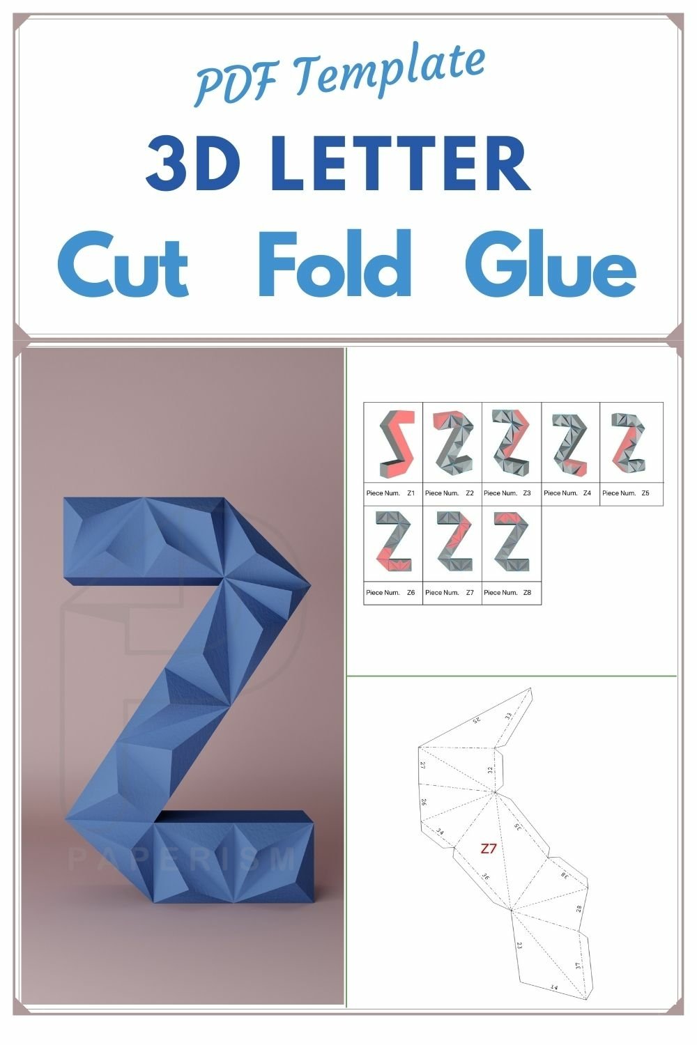 Z Letter Papercraft, 3d Alphabet, DIY pdf template, low poly