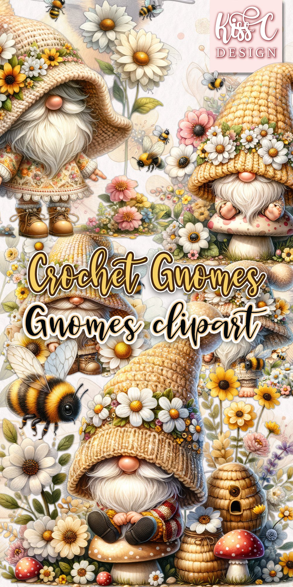 Watercolor Spring Bumble Bee Gnomes Sublimation Clipart